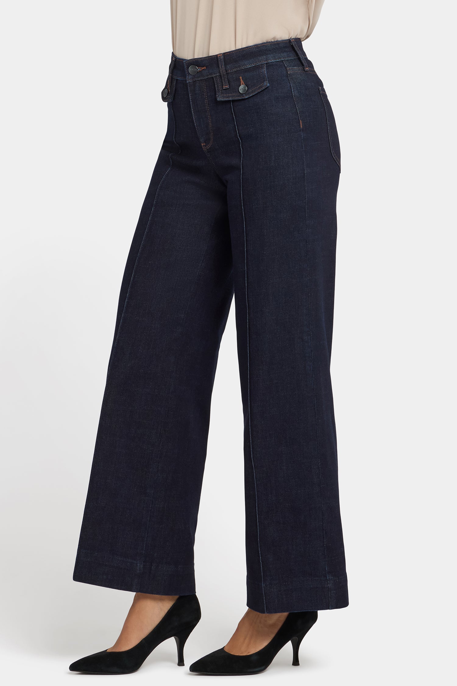 Teresa Wide Leg Jeans With Button Flaps, Center Leg Seams And 31 ...
