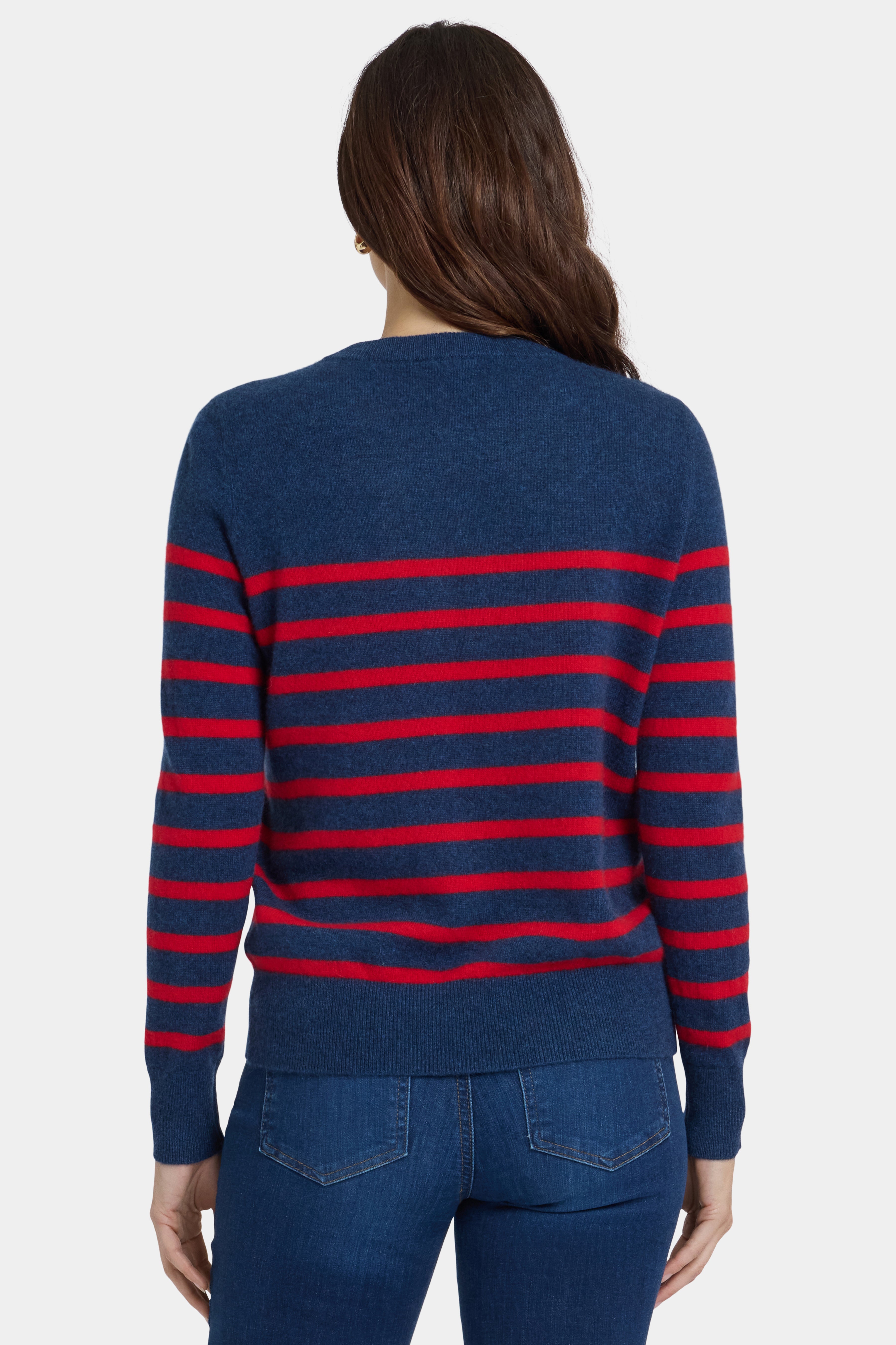 Striped Cashmere Crewneck Sweater - Navy Red Stripe Red | NYDJ