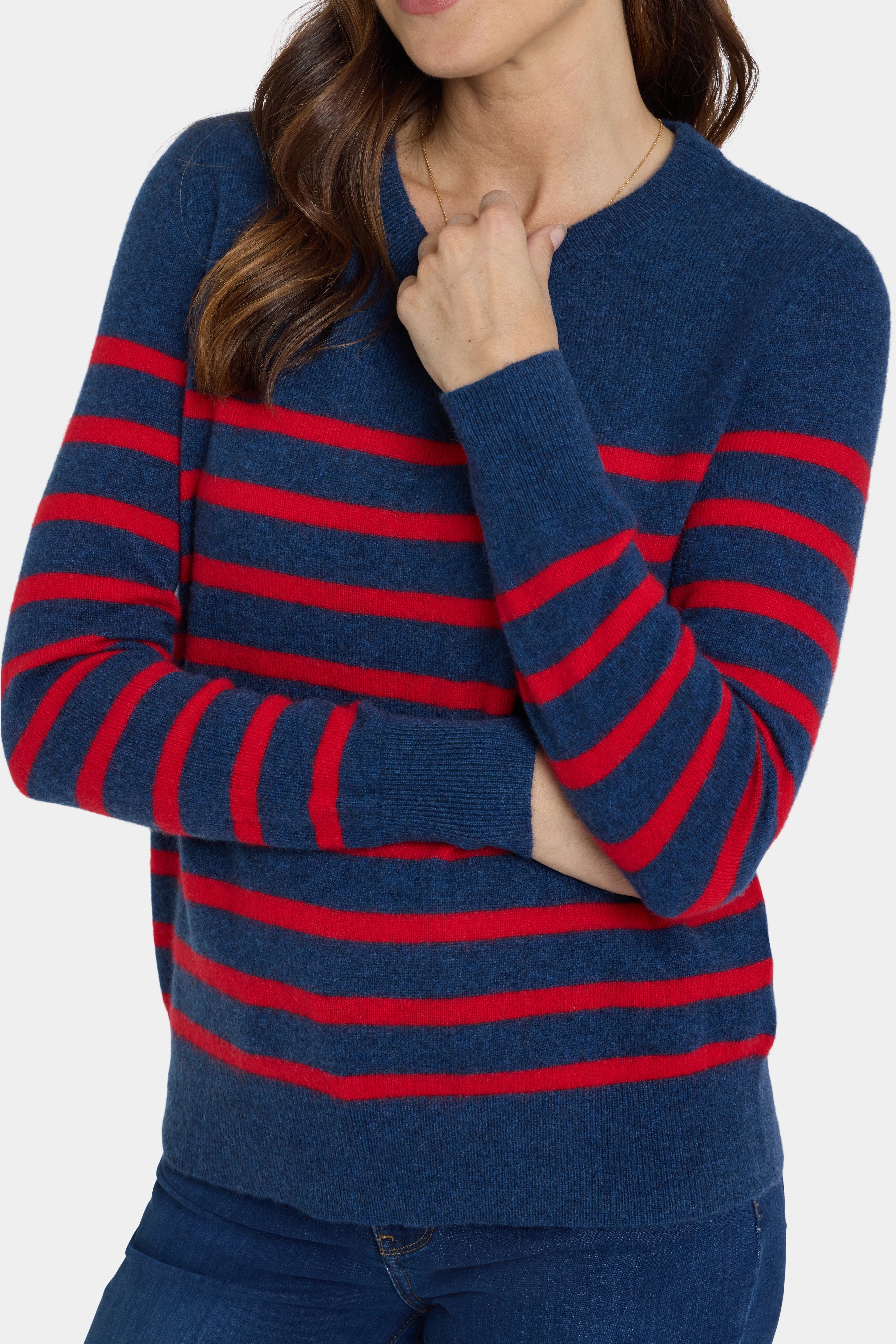 Striped Cashmere Crewneck Sweater - Navy Red Stripe Red | NYDJ