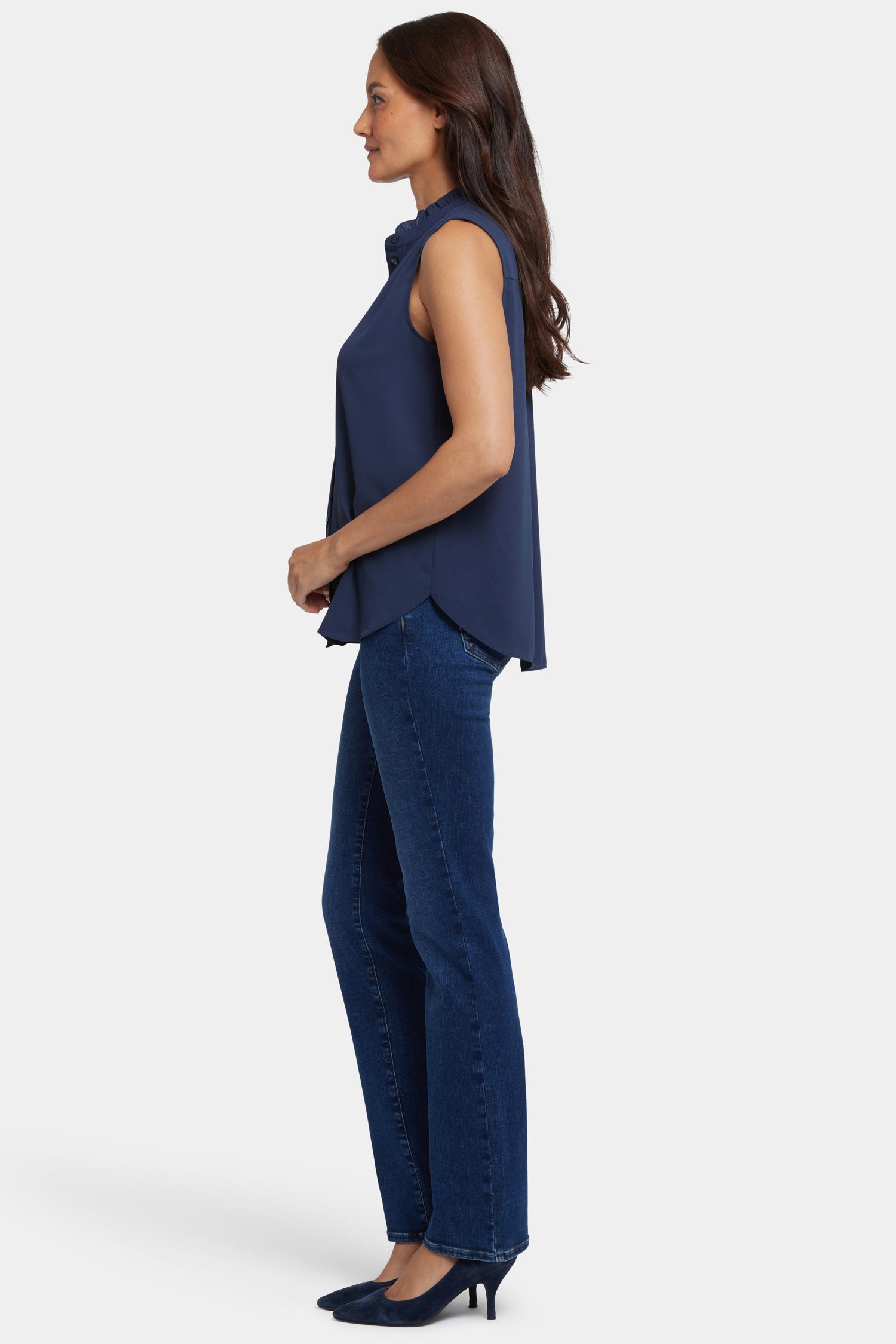 Sleeveless Ruffle Neck Blouse - Oxford Navy Solid Colors | NYDJ