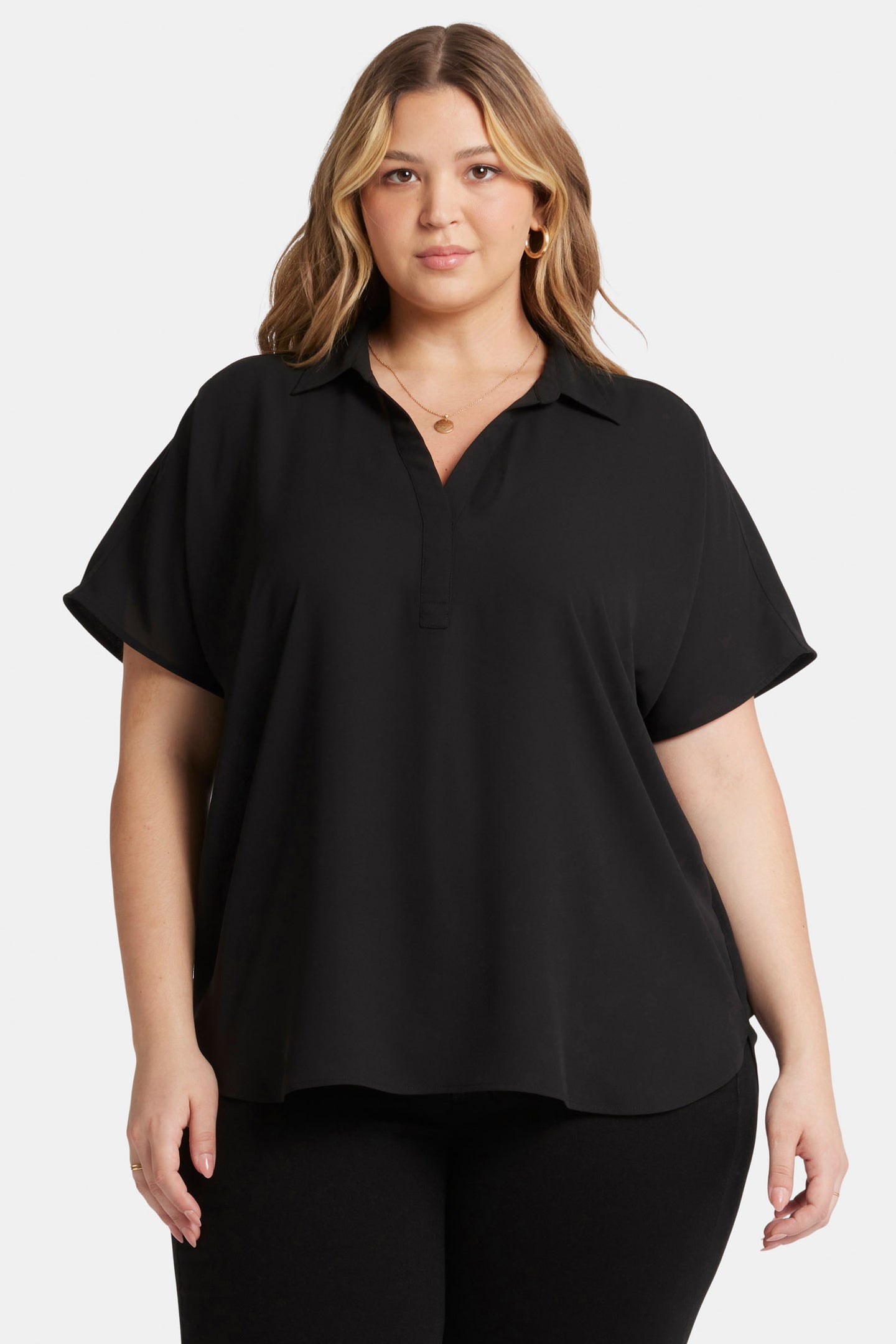 Becky Short Sleeved Blouse In Plus Size - Black Solid Colors | NYDJ