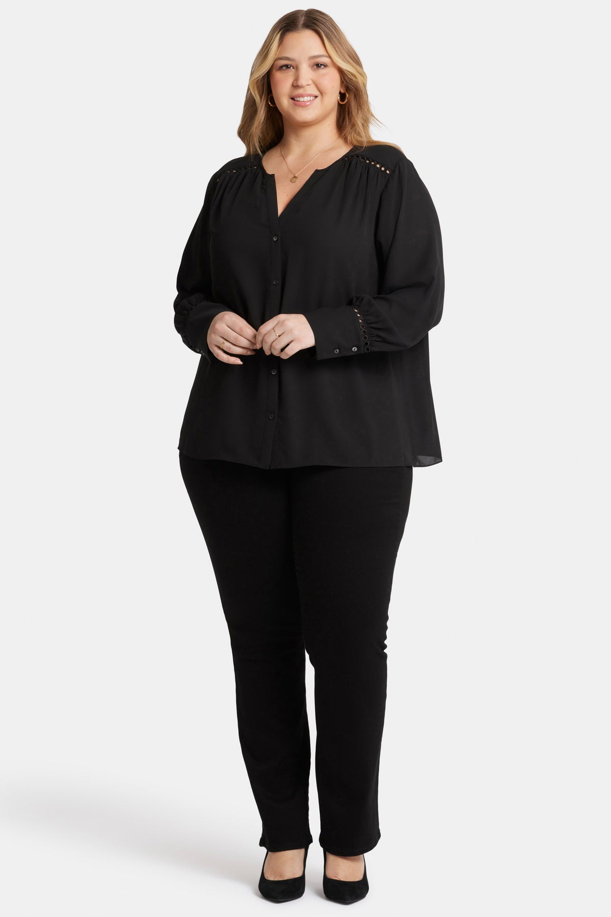 Liliana Peasant Blouse In Plus Size - Black Solid Colors | NYDJ